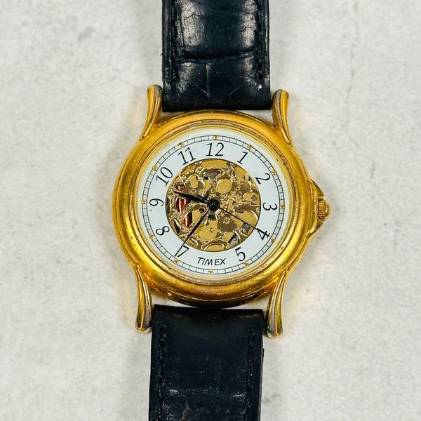 VTG Timex Watch Womens 35mm Skeleton Gold Tone Black Leather Band New ...