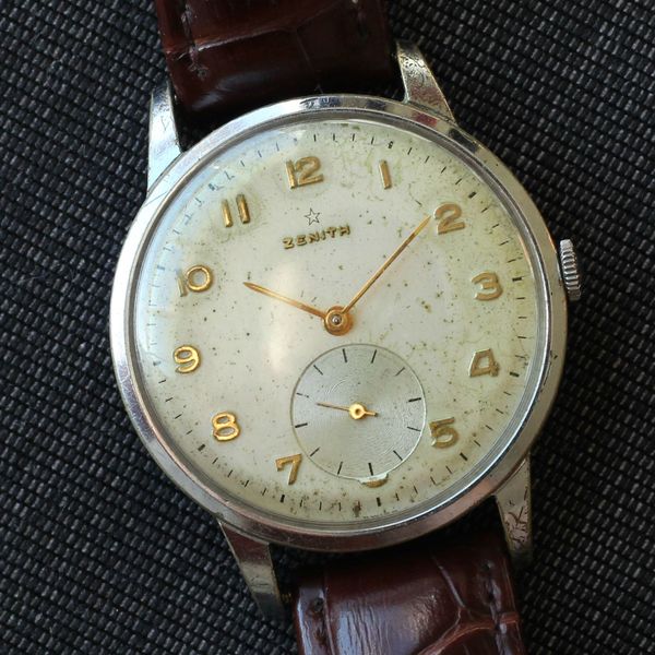 Amazing vintage Zenith! 36mm jumbo steel, subseconds, gold markers ...