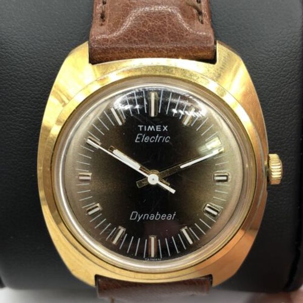 Vintage Timex Electric Dynabeat Mens Gold Tone Brown Dial Quartz Watch ...