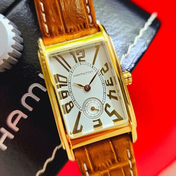 Hamilton Tank Watch Full Set Gold Coloured Case Brown Leather Band ...