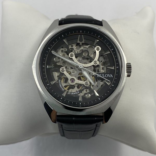 Bulova Surveyor Automatic Skeleton Dial Black Leather Strap Men's Watch ...