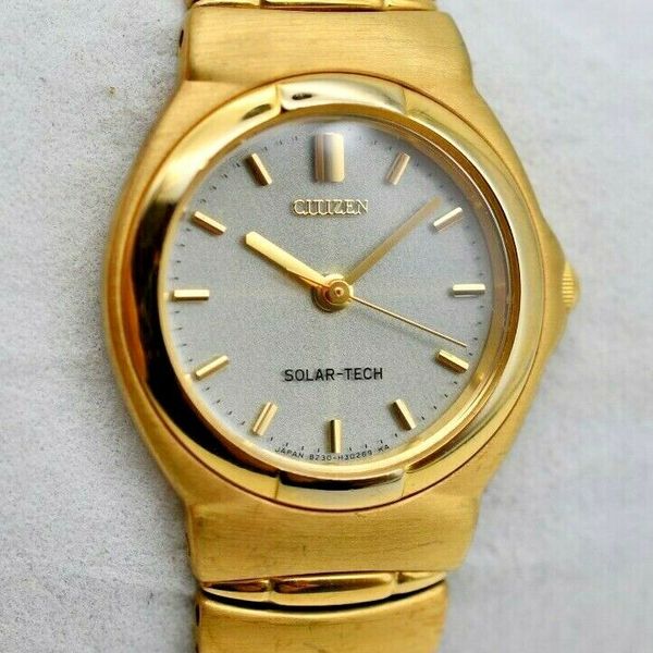 Ladies CITIZEN Solar-Tech (Eco-Drive) Gold Tone Dress Watch, Gray Dial ...