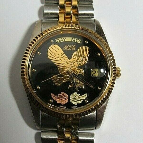 QUARTZ MEN'S SDG BLACK HILL GOLD EAGLE WATCH DAY/DATE BLACK DIAL RUNS ...