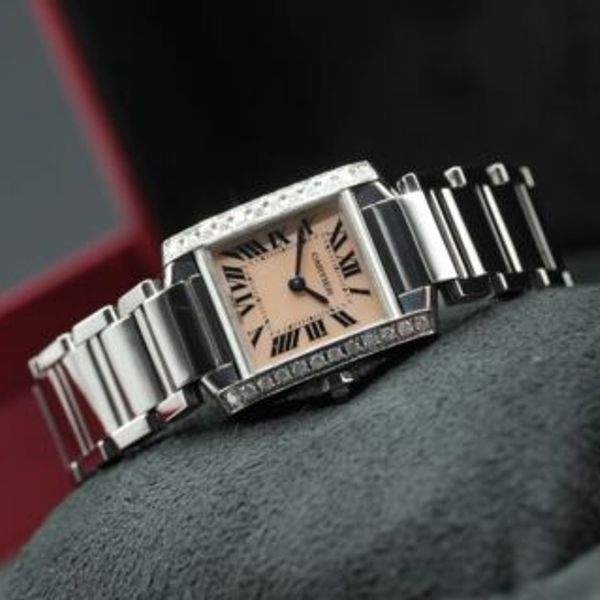 Ladies Stainless Steel Cartier Tank 2384 Pink Dial Afterset Diamond ...
