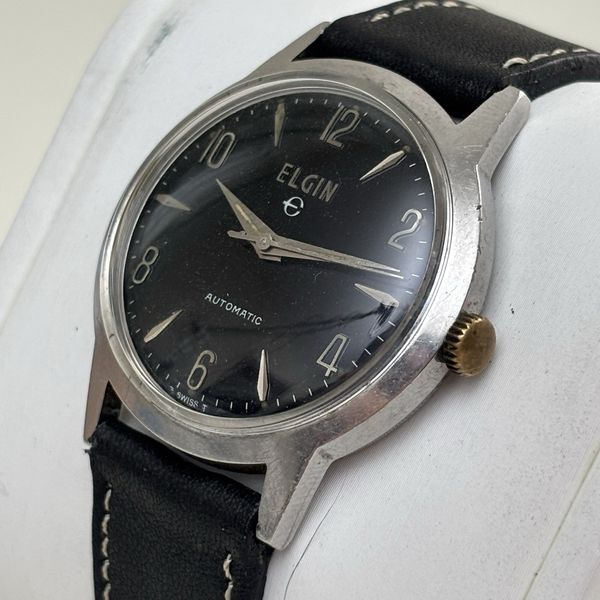 Vintage Elgin Automatic Watch 34mm Rare Black Dial Cal 996 Silver Tone ...