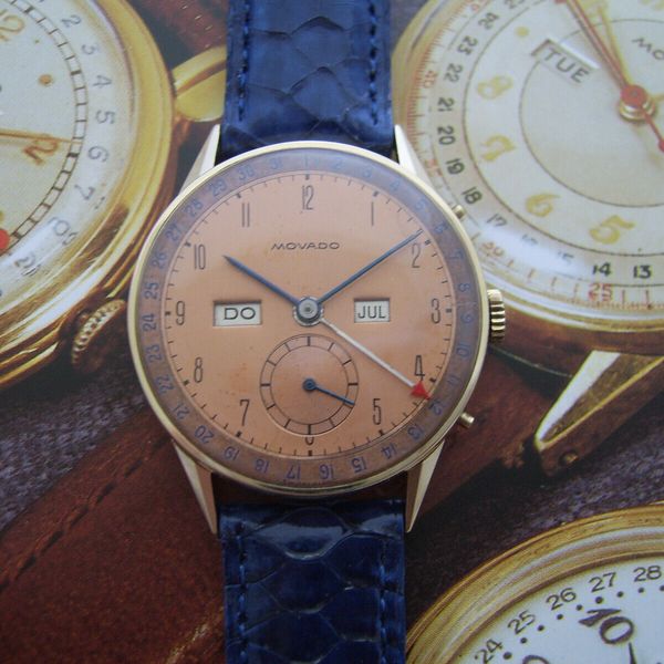 MOVADO CALENDAR 14K GOLD WATCH - RARE SALMON DIAL - REF.: 44776 ...