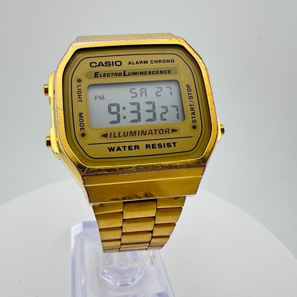 Casio A168 Watch Men 34 mm Digital Gold Tone Alarm Chrono NEW BATTERY ...