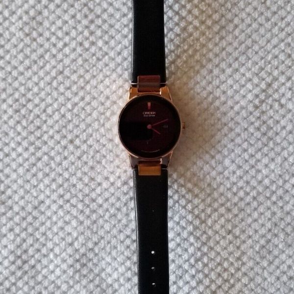 Citizen Eco-Drive Rose Gold Tone Date Watch Black Dial & Leather 5.25 ...