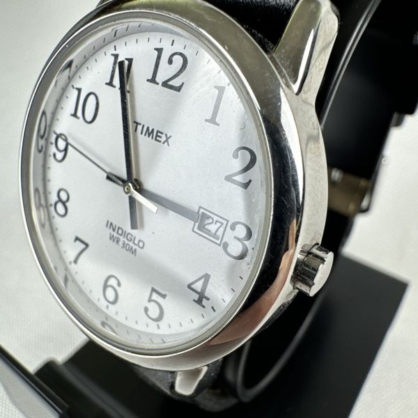 Timex Easy Reader Watch Men 35mm T2H281 Silver Tone Date Black Leather ...