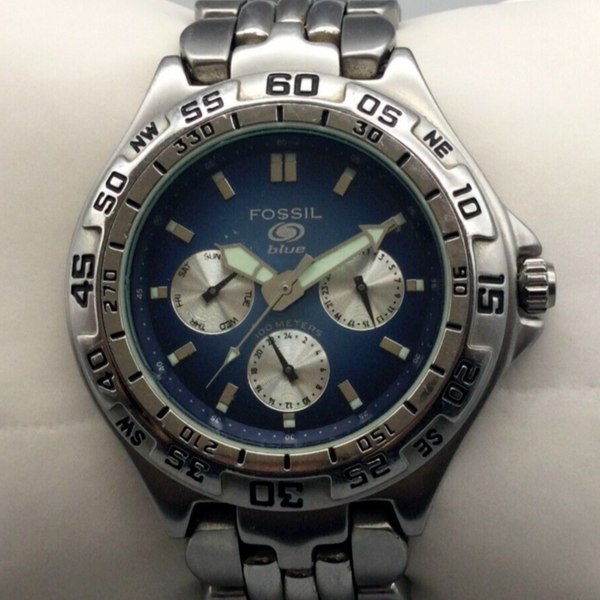 Fossil Blue Watch Men Silver Tone Round Blue Dial Day Date New Battery ...