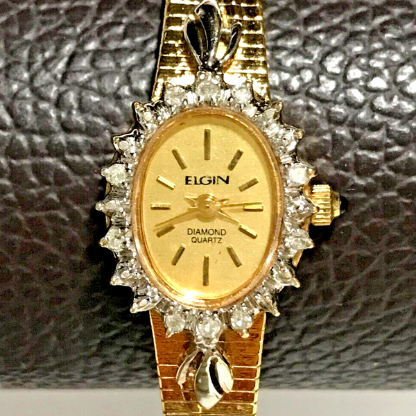 Vintage Elgin Quartz Genuine Diamonds Bezel Gold Plated Ladies Dress ...