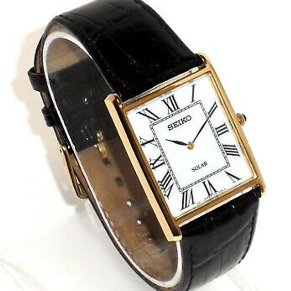 SEIKO SOLAR $200 MEN'S GOLD WATCH, RECTANGULAR DIAL, BLACK LEATHER STRAP SUP880 | WatchCharts ...