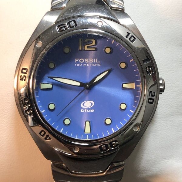 Vintage Fossil Blue Dial Menâ s Stainless WR100M Watch Luminous Hands ...