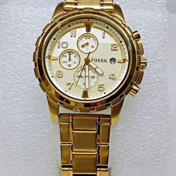 Men's Fossil Dean FS4867 Chronograph Date Gold Tone Watch New Battery ...