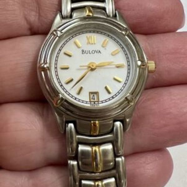 1998 BULOVA Quartz T8 Two-Tone Stainless Steel Ladies Watch White Dial ...