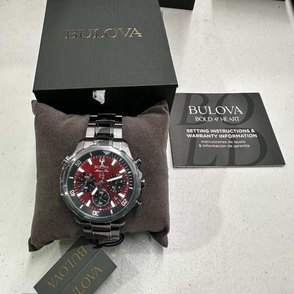 Bulova Marine Star Chronograph Quartz Red Dial Gray IP Steel Men's ...