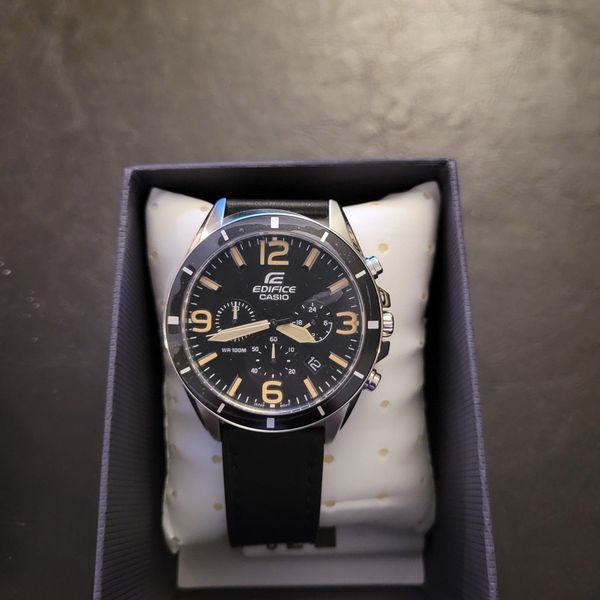 Casio Men's Edifice Chronograph Watch, Black Leather Strap ...