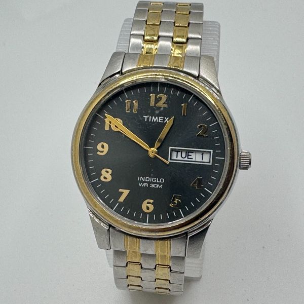 Timex Indiglo Quartz Watch Men 30m Dual Tone Day Date Stretch Analog New Battery | WatchCharts ...