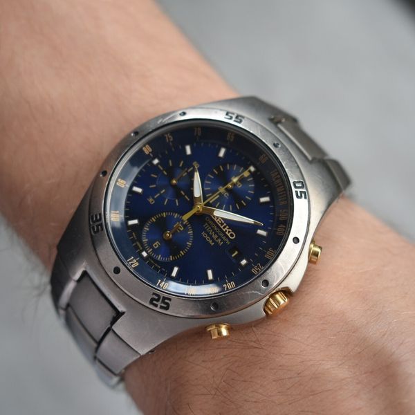 2004 Seiko Titanium 100m Chronograph Blue Dial Date Men's Bracelet Rare ...