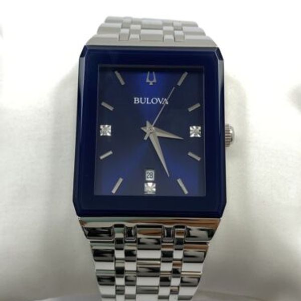 Bulova Quadra Diamond Accent Blue Dial Stainless Steel Men's Watch ...