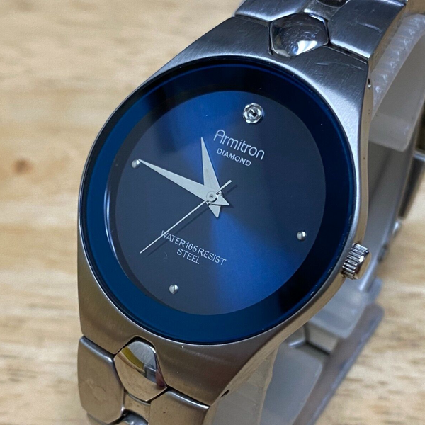 Armitron 20/1789P Men 50m Diamond Silver Blue Steel Analog Quartz Watch ...