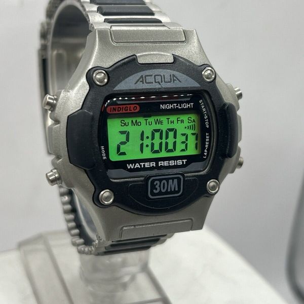 Mens Acqua By Timex Chrono Alarm Indiglo Black Silver Tone Digital ...