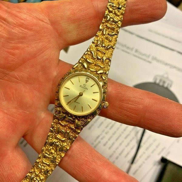 Vintage Elgin End 01 012 Ladies Gold Nugget Diamond Quartz Watch New ...