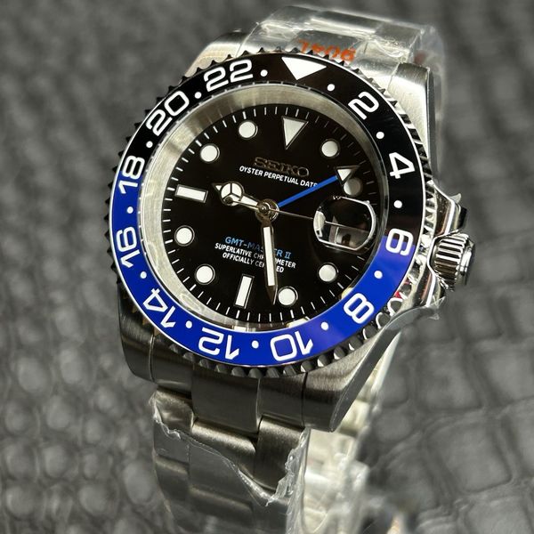 Seiko mod Batman Oyster GMT Open Back Watch stainless steel UK ...