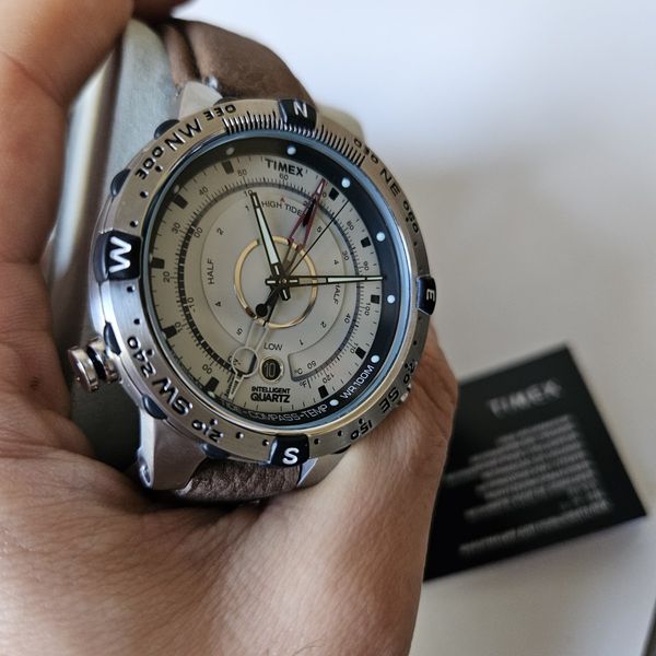 Timex IQ Tide Temp Compass Brown Leather Strap Men's Watch T2N721, Used ...