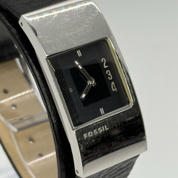 Fossil Women Silver Rectangular Black Leather Band Watch | WatchCharts ...