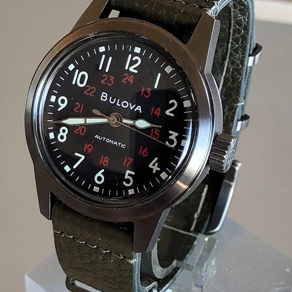 BULOVA AUTOMATIC MILITARY FIELD WATCH 38MM 98A255 W/BOX, MANUAL & HANG ...