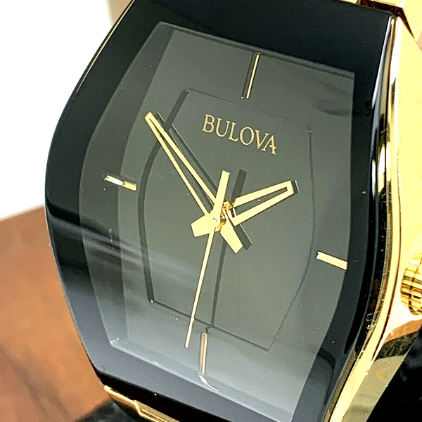 Bulova Mens Watch 97A164 Futuro Quartz Black Dial Gold Tone Stainless ...