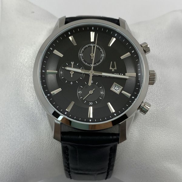 Bulova Sutton Chronograph Quartz Black Dial Leather Strap Men's Watch ...