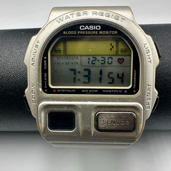 Vintage Casio BP-100 Watch Silver Tone Blood Pressure Stretch Band New ...