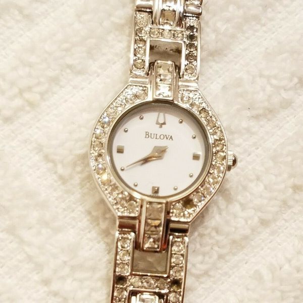 Bulova Silver Plated Watch Diamond Cut Crystals White Dial ...
