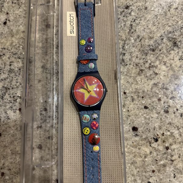 Swatch Stars & Pins 1998 Standard Gents 34mm Textile Over Leather Jean ...