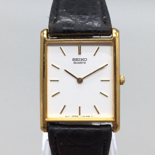 Vintage Seiko Tank Watch Men Gold Tone V700-5K30 Black Leather New Battery | WatchCharts Marketplace