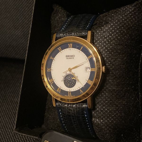 SEIKO Moon Phase NEW OLD STOCK 1980s Lizard Band Gold Plated 35MM Menâ ...