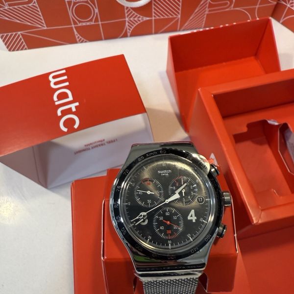 New â Swiss Swatch YVS401GB Black Dial Metal Band Chronograph Quartz ...
