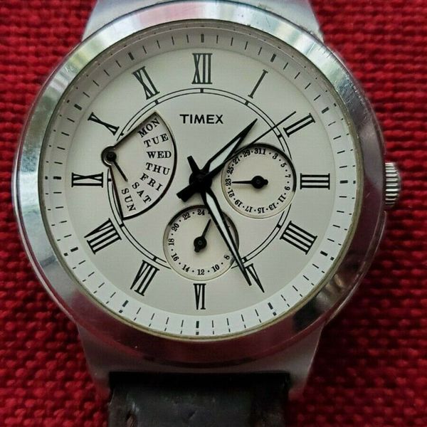WORKS - Timex Men's Brown Leather Band Roman Numerals Day & Date WR 50m ...