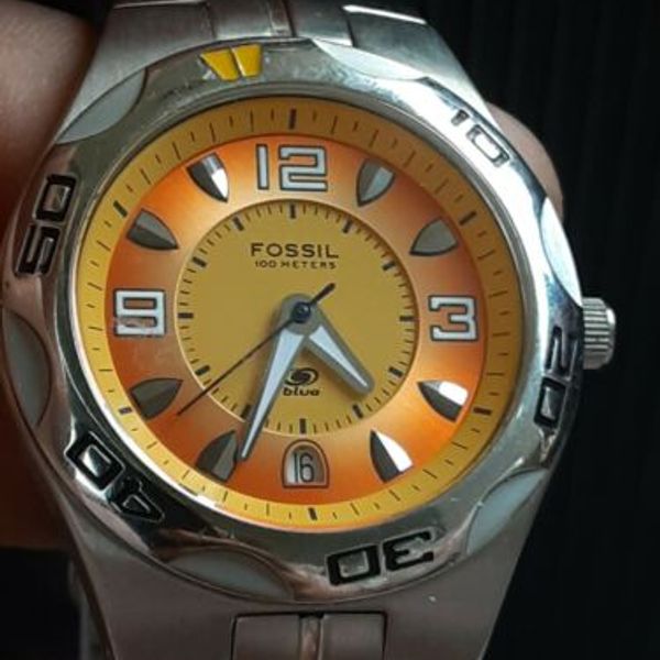 Mens Fossil 100 Meters Blue Date AM-3733 300401 Watch Orange Face ...