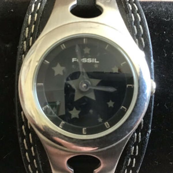 Ladies Fossil ES9674 Big Tic Flashing Stars Black Leather Cuff Watch ...