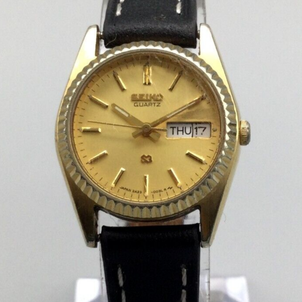 Seiko SQ Watch Women 2A23-0030 Gold Tone 23mm Day Date Leather Band New Battery | WatchCharts ...