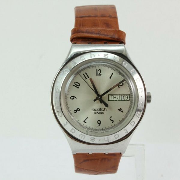 Vintage Swatch Irony Leather Band Watch DATE/DAY SR726SW AG2003 FREE ...