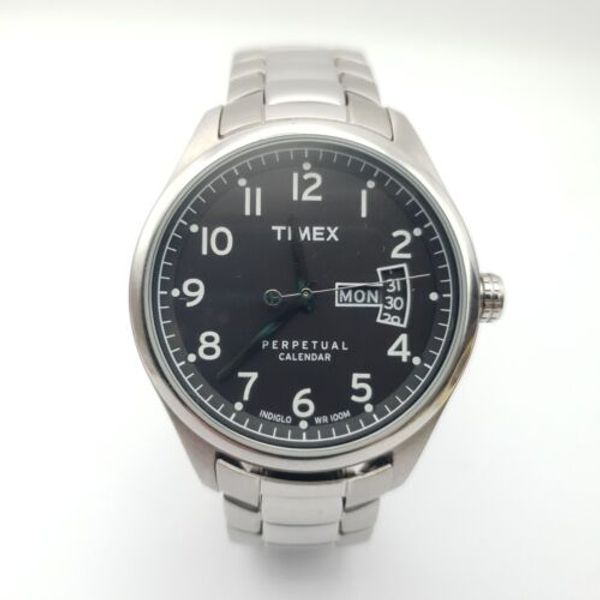 Timex Perpetual Calendar Watch Black Dial Gents 40mm Stainless 20mm ...