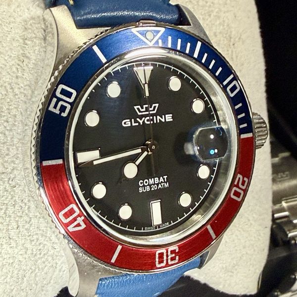 Glycine Combat Sub Date Red/Blue â Pepsiâ Bezel Sport Mens Watch ...