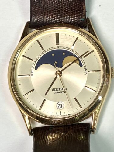 Vintage Men's Seiko Moon Phase Gold Tone Leather Band Watch 7434-7008 ...