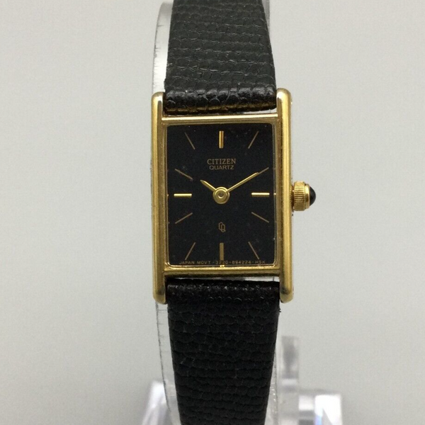 Vintage Citizen CQ Tank Watch Women Gold Tone Black Dial LeatherNew ...
