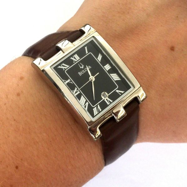 BULOVA A4 C860186 ST STEEL WATCH BLACK DIAL BROWN BAND SILVER COLOR ...