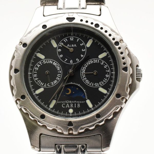 [Exc+5] Vintage Seiko Alba Carib V33F-6B20 Sun & Moon Black Dial Quartz ...